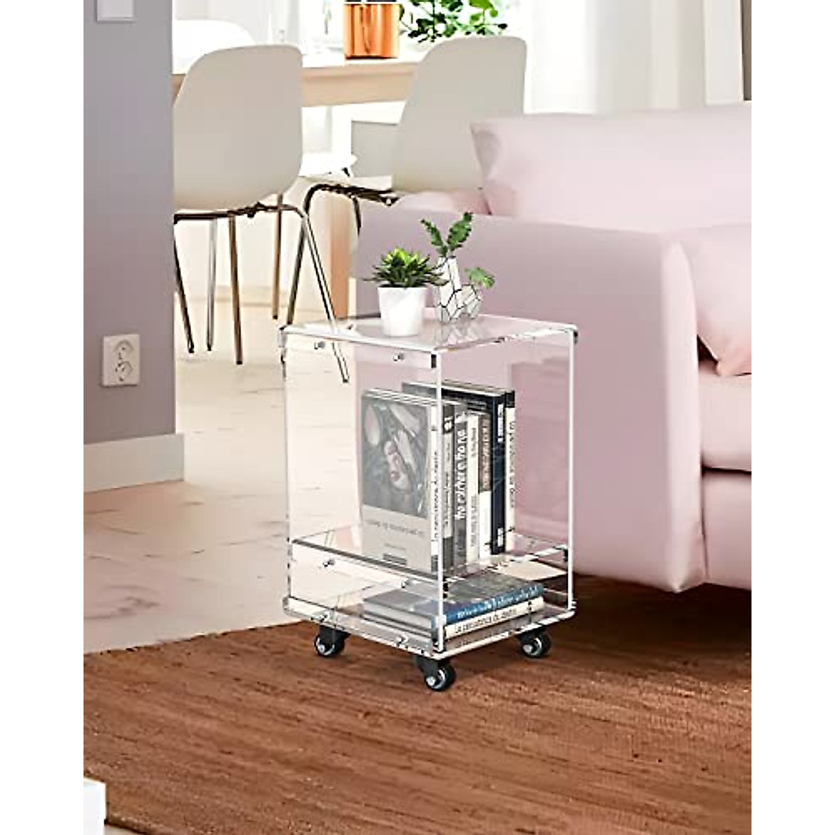 KSacry Acrylic Rolling Cart for Small Space,Mobile End Table with Two Tier Rolling Cart,Acrylic Nightstand/Bedside Table for Living Room, Bedroom (12.6" L × 11.8" W × 19" H)