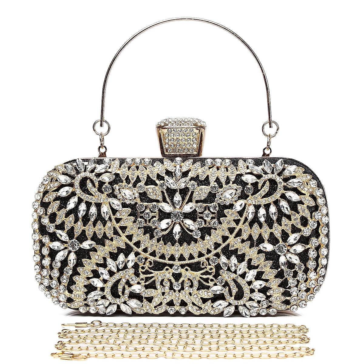 FIVE FLOWER Evening Clutch Bags Purse Handbag for Women Wedding Prom Party (BLACK), Medium