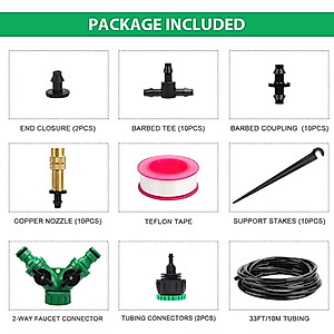 VAlinks Garden Automatic Drip Irrigation Set, 33ft/10m Drip Irrigation Kits with Adjustable Copper Nozzles Drippers,1/4" Blank Tube Watering Kit for Patio Lawn Garden Greenhouse Flower Bed