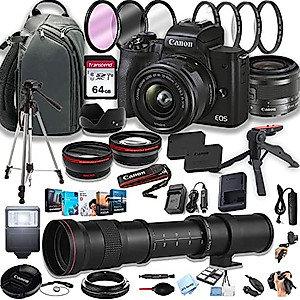 Canon EOS M50 Mark II Mirrorless Digital Camera with EF-M 15-45mm f/3.5-6.3 is STM Lens+ 420-800mm Super Telephoto Lens + 64GB Memory Card, Professional Photo Bundle (42pc Bundle) (Renewed)