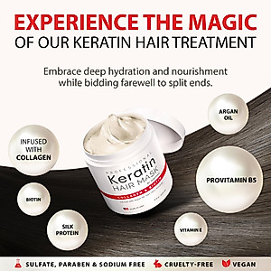 Professional Keratin Hair Mask - Made in USA - Nourishment Treatment for Hair Repair & Beauty - Biotin Collagen Coconut Oil & Pro-Vitamin B5 Protein Mask - Hair Vitamin Complex
