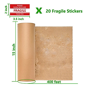 Besitek Honeycomb Packing Paper Wrap 15" x200' Sustainable Alternative to Bubble Cushioning Wrap for Moving/shipping/packing Roll with 20 Fragile Sticker Biodegradable & Fully Recylable