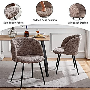 mikibama Dining Chairs Set of 2, Faux Fur Accent Chair Teddy Vanity Chair Furry Makeup Desk Chair with Metal Legs Mid Century Modern Chair for Dining Room Living Room Bedroom (Light Brown)