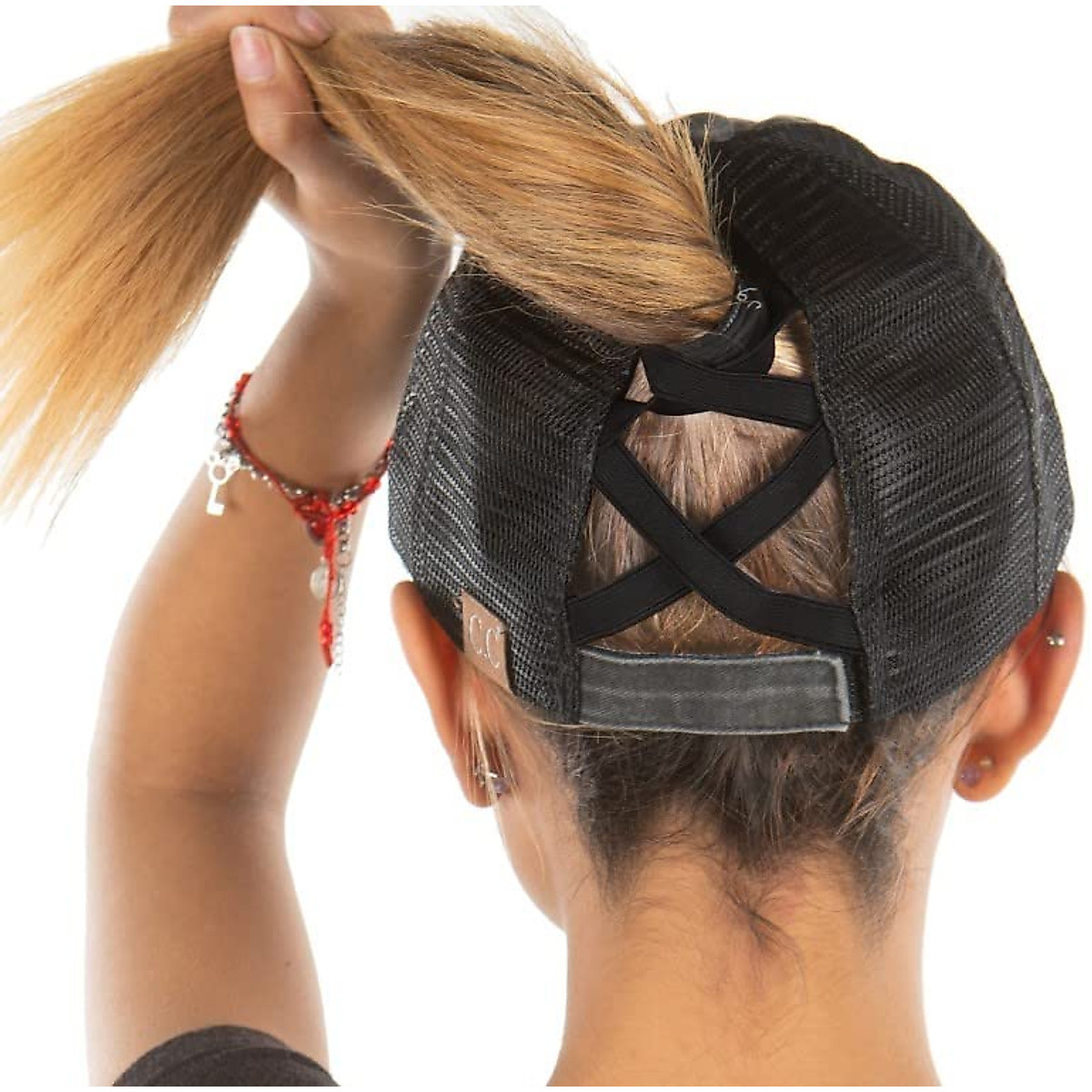 Funky Junque Dad Hat Ponytail Messy Bun Trucker Ponycap (Distressed Black w/Criss Cross Back)