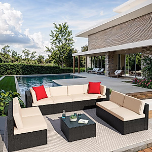 Greesum Patio Furniture Sets 9-Pieces Outdoor PE Rattan Sectional Sofa with Thickened Cushions and Glass Coffee Table,Beige