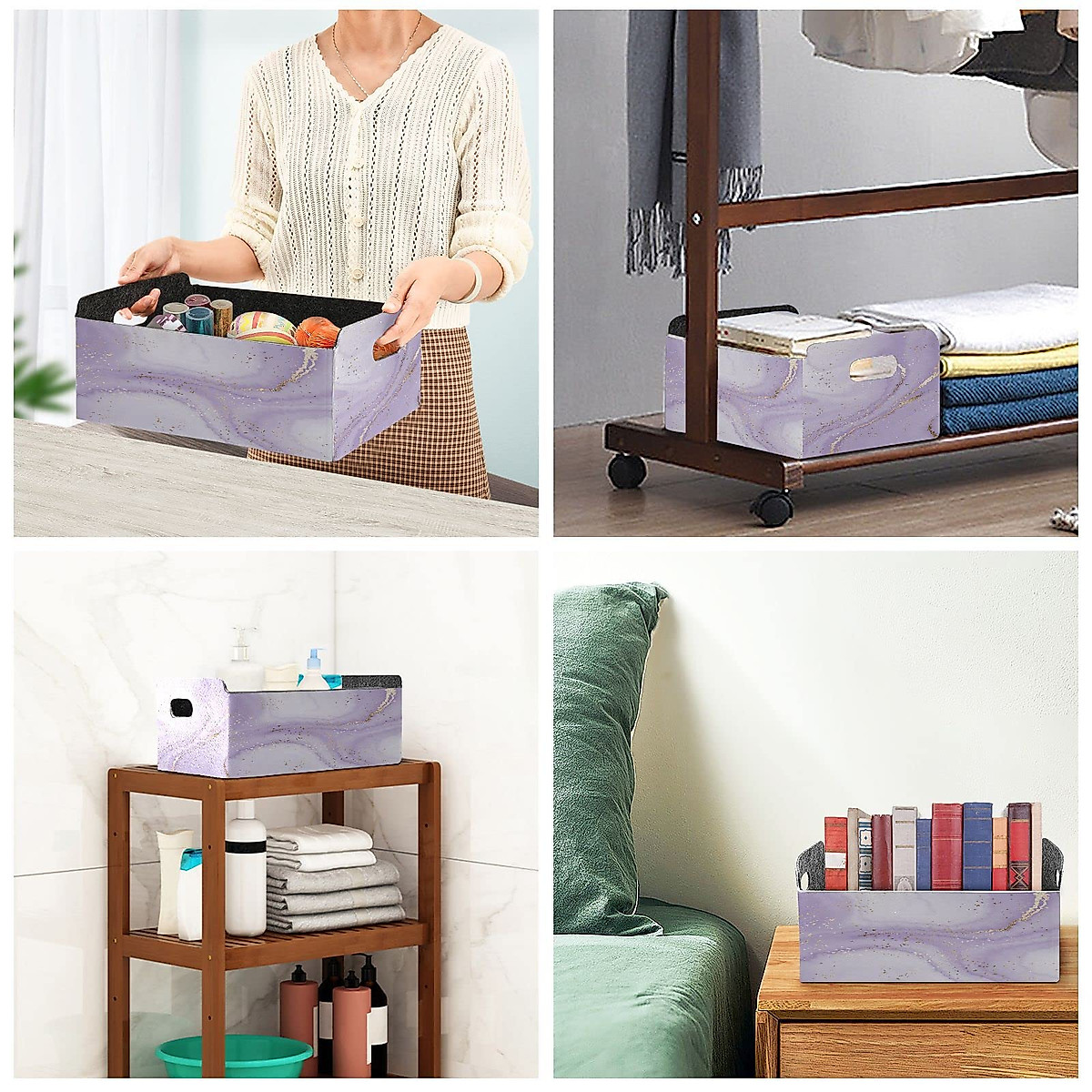 Kigai Purple Gold Marble Felt Collapsible Storage Baskets Rectangle with Handle Storage Bins Baskets Toys Storage Basket for Books Clothes Office Bedroom Tools Organise
