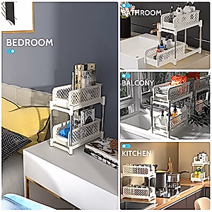 Under Sink Organizers and Storage, Bathroom Organizer with Pull Out Drawer, 2 Tier Sliding Cabinet Basket Organizer Drawer, Storage Shelf for Kitchen Bathroom Cleaning Supplies Organizer, 2 Pack,White