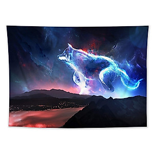 HVEST Wolf Tapestry Wall Hanging Mountains and Lake Night Natural Scenery Tapestries Wild Animal Wolve in Trippy Space Wall Decor Blanket for Bedroom Living Room Dorm,60x40 Inches