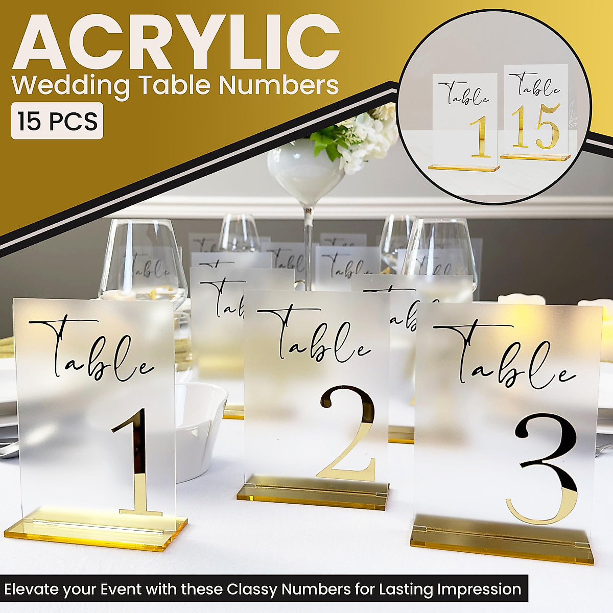 Table Numbers-Mirrored Gold Table Numbers & Base-Frosted Acrylic Table Numbers -Wedding Decorations for Reception-Minimalistic font table number stands 7x5-wedding table numbers for wedding reception