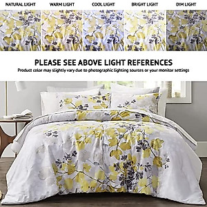 Comfort Spaces Bed in A Bag - Trendy Casual Design Cozy Comforter with Complete Sheet Set with Side Pocket, All Season Cover, Matching Shams, Queen, Nina, Leaf Yellow/Grey 9 Piece