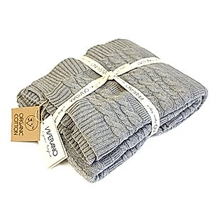 100% Organic Cotton Throw Cable Knit Blanket (50x70in) Super Soft Warm Luxurious Pure All-Season Eco-Friendly (Grey)