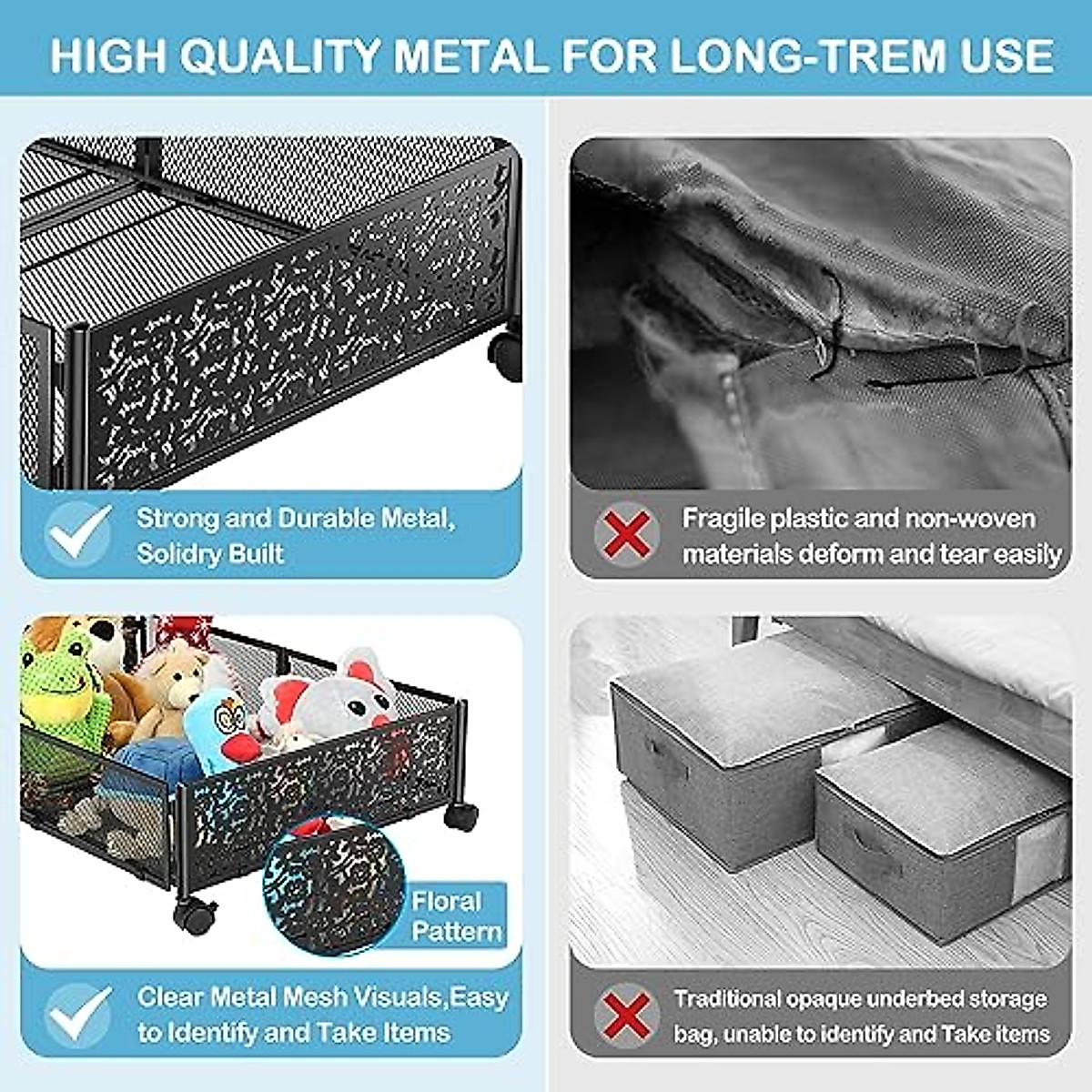 IVMAIE 2 Pack Metal Under Bed Storage with Wheels, Foldable Underbed Shoe Storage Organizer Containers, Tool-Free Assembly Under Bed Rolling Storage Drawer Cart for Bedroom, Clothes, Toys