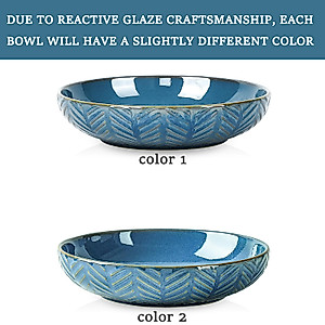 Sureasy Ceramic Pasta Bowls, 30oz Large Salad Bowl, 8.5 inch Embossed Serving Bowl for Kitchen, Wide and Shallow Plates Bowls Set of 4, Microwave, Oven and Dishwasher Safe, Gifts, Blue