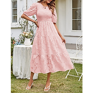 MEROKEETY Summer Dress for Women Elegant Smocked Short Puff Sleeve Floral Solid Midi Maxi Dresses,Pink,L