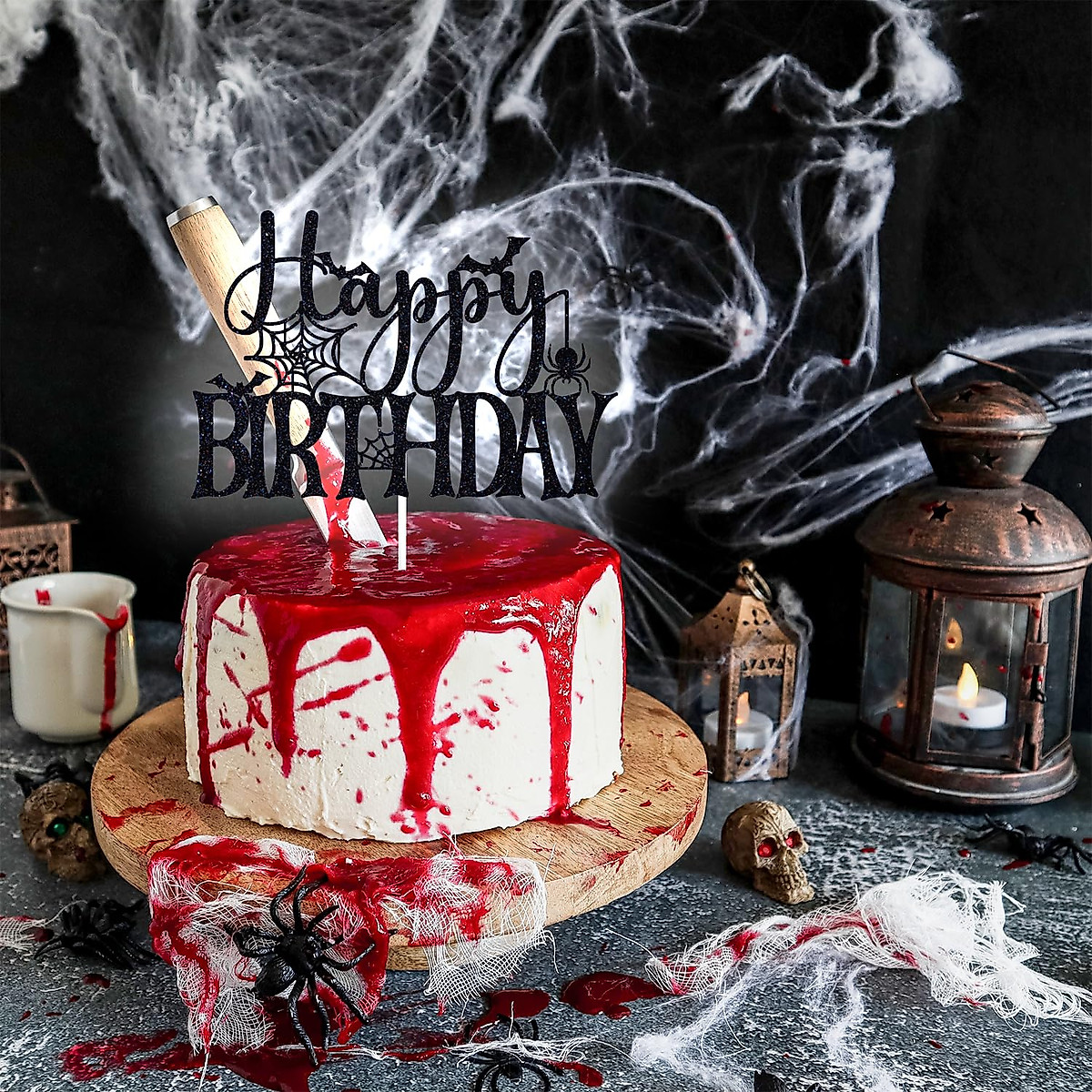 Black Glitter Happy Birthday Cake Topper, Happy Booday/Happy Halloween Birthday, Funny Ghoust Scary Halloween Themed Birthday Party Decorations for Kids