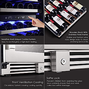 BODEGA 24 Inch Wine Cooler,56 Bottle Wine Refrigerator Dual Zone, Built-In and Freestanding Wine Fridge,with Quick and Silent Cooling System for Red, Rose and Sparkling Wines,Stylish Look