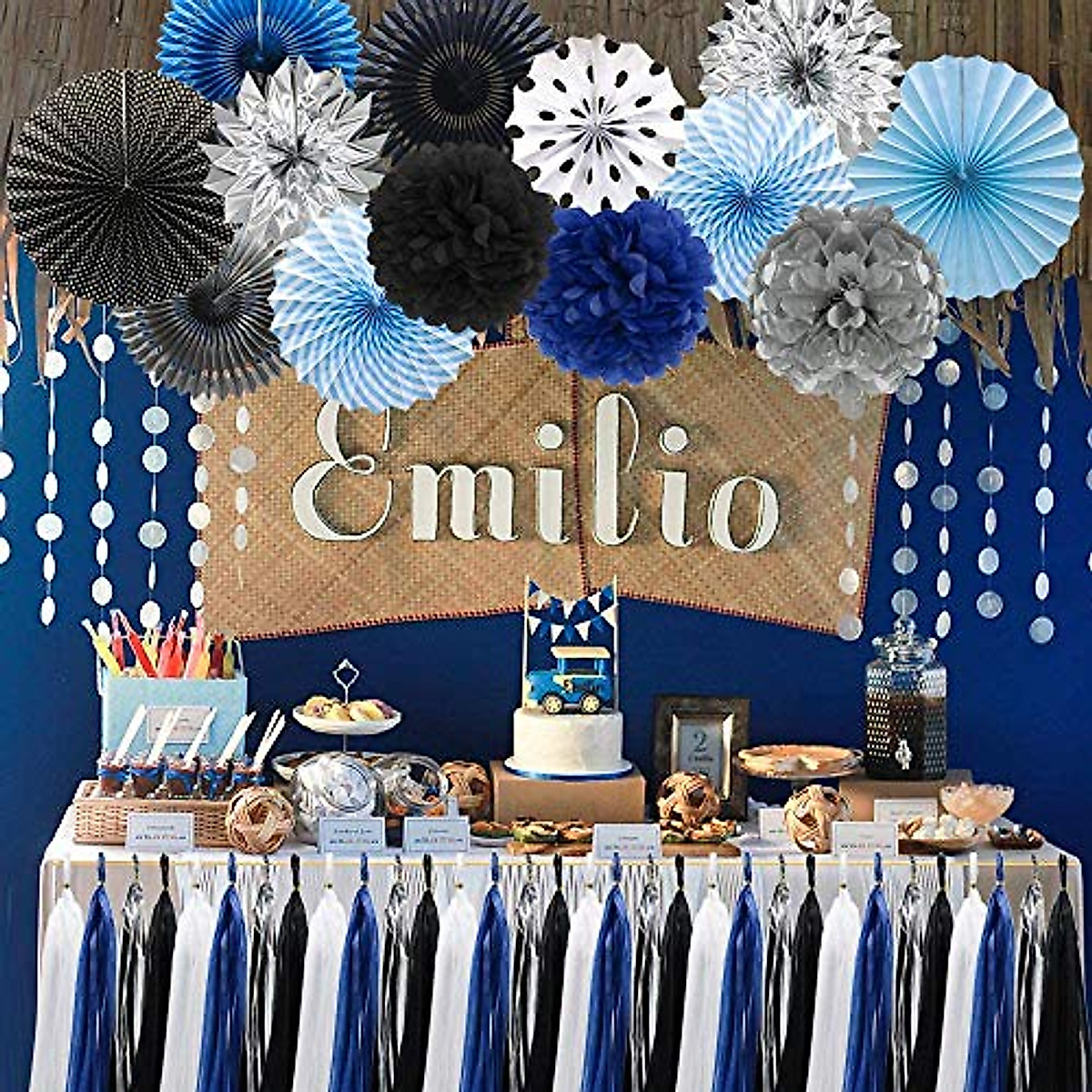 zorpia Outer Space Birthday Party Decorations 1st Birthday Boy Prince Party Decorations with Navy Silver Tissue Pom Poms Decorations Happy Birthday Banner Navy Blue Glitter Silver Paper Star Garlands