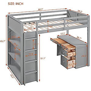 DEYOBED Twin Size Wooden Loft Bed Frame with Desk, Storage Drawers, Open Shelves, and Ladder - Maximizing Bedroom Space with Practical Furniture for Kids and Teens