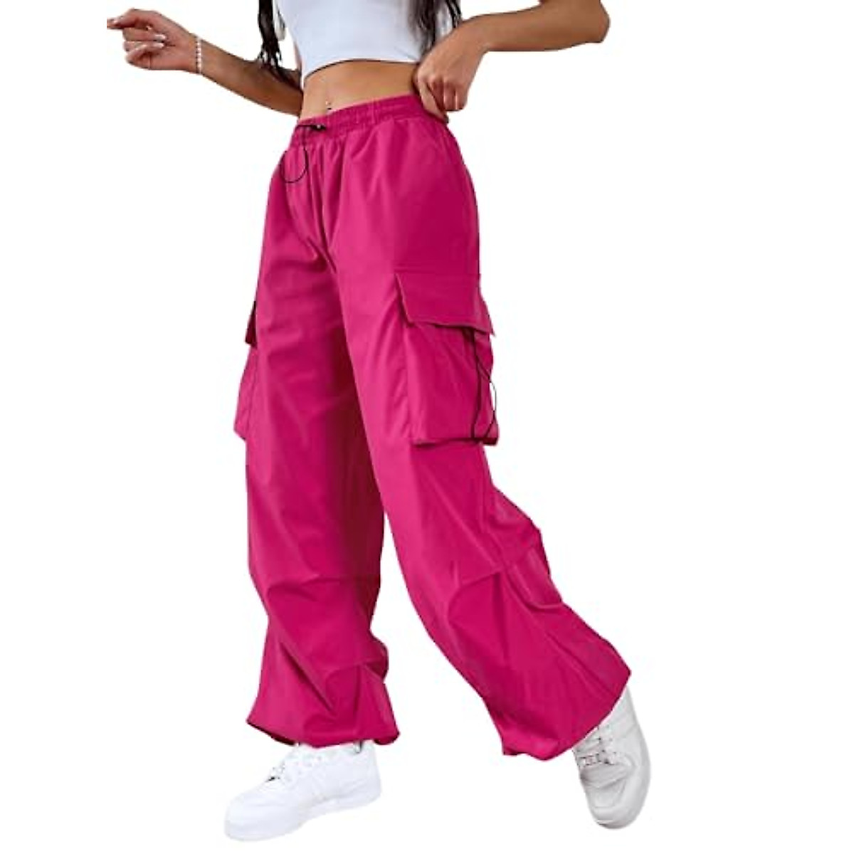 SweatyRocks Women's Drawstring Elastic Waist Loose Pants Casual Flap Pocket Cargo Pants Trousers Hot Pink M