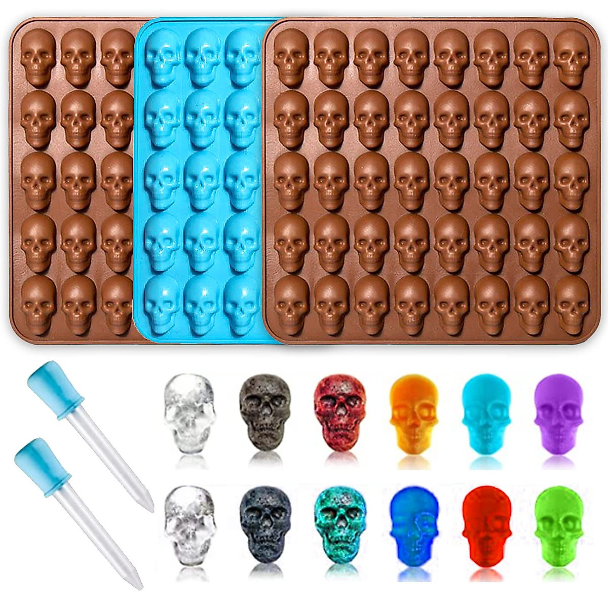 Gummy Skull Candy Molds,3-Pack 40 Cavity Silicone Skull Molds with 2 Droppers for Gummy,Candy,Jelly,Chocolate,Wax Melt,Dog Treats,Ice Cube
