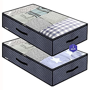 Onlyeasy Foldable Underbed Bags for Bedroom 2 Pack, Breathable Blankets Clothes Comforters Storage Bags Organizer with Clear Window and Handles, 3 Layer Thick Fabric, Dark Grey, 7MX3GR100L
