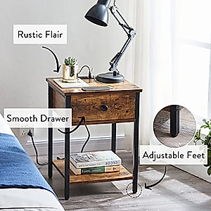 SUPERJARE Nightstand with Charging Station and USB Ports, Side Table End Table with Drawer, Open Storage Shelf and Steel Frame, Bedside Table for Small Spaces, Rustic Brown