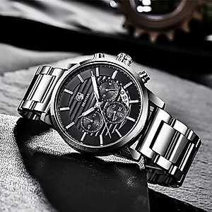 BY BENYAR Men's Watches,Stainless Steel Waterproof Watch for Men，Sport Military Multifunction Chronograph Quartz Wristwatches, Calendar with Leather Strap（Steel Black