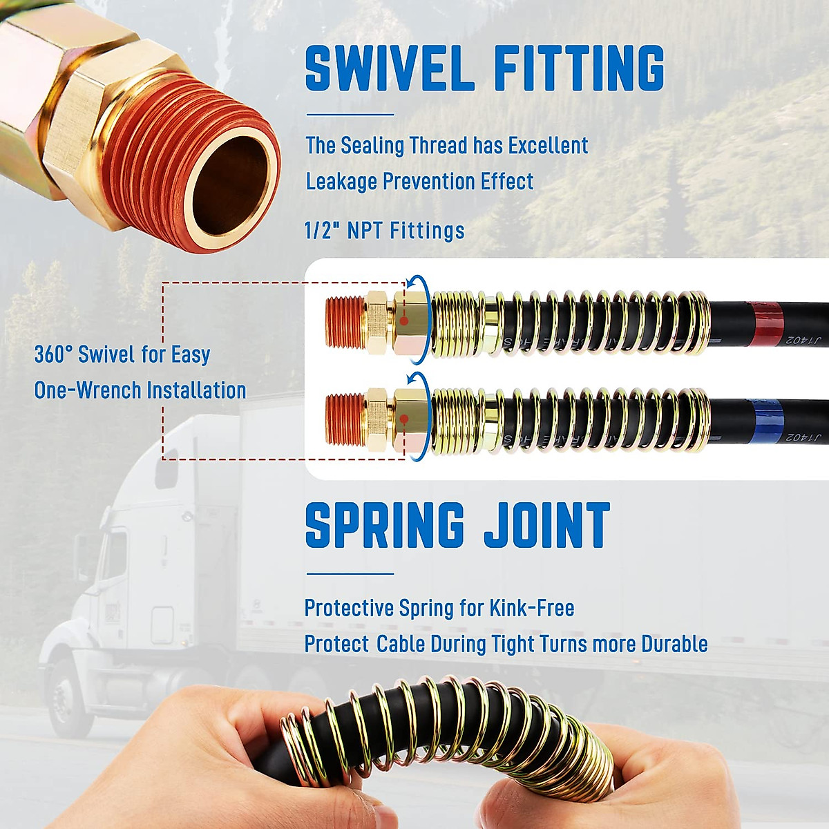 YiaChuii 15 FT Air Line Hose Assembly Set Straight Heavy Duty Air Power Hoses for Trailer Truck Tractors Parts