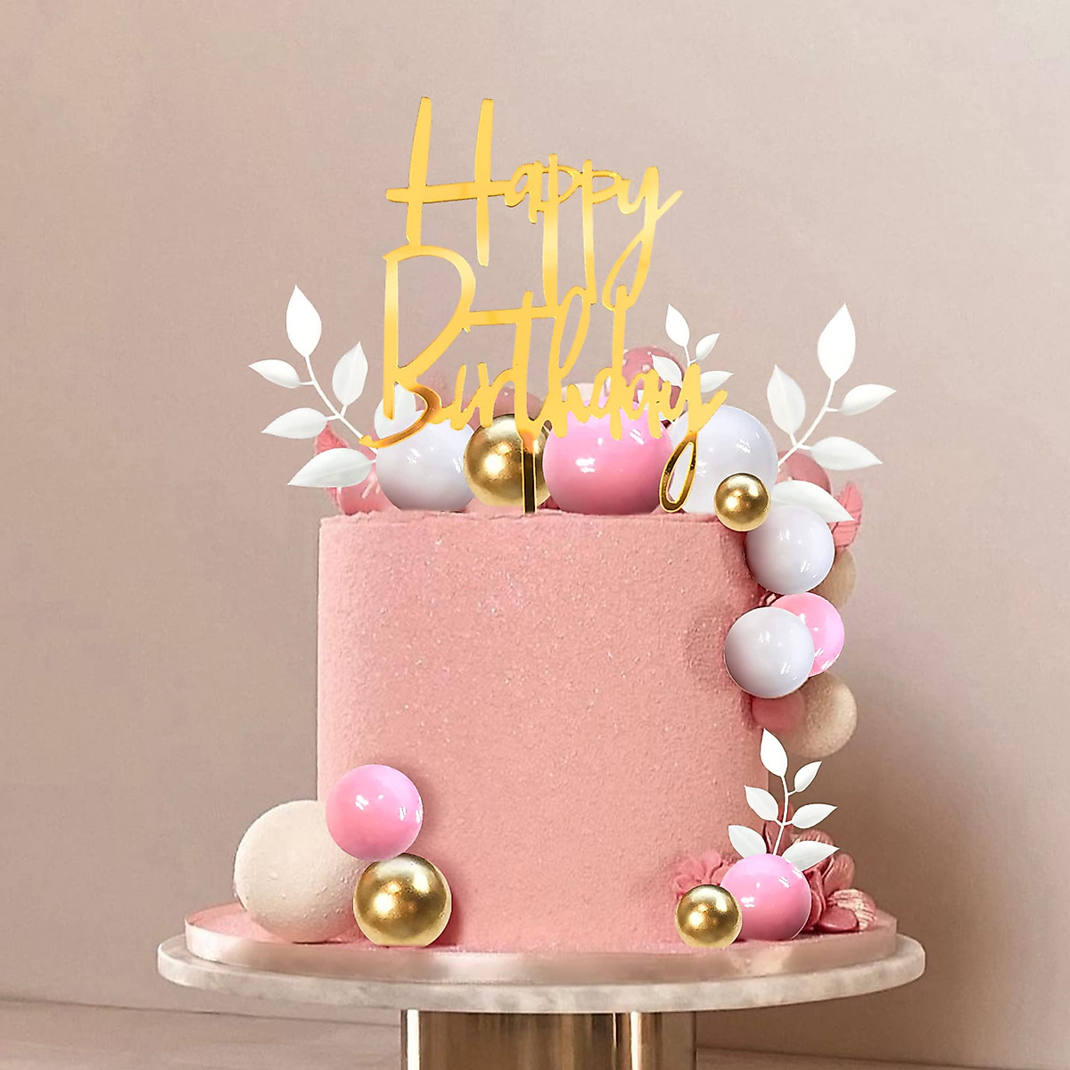 Pink Balls Cake Topper Boho Grass Cake topper Pink White Gold Pearl Balls Happy Birthday Cake Decorations for Wedding Baby Shower Birthday Boho Themed Party Supplies (Pink)