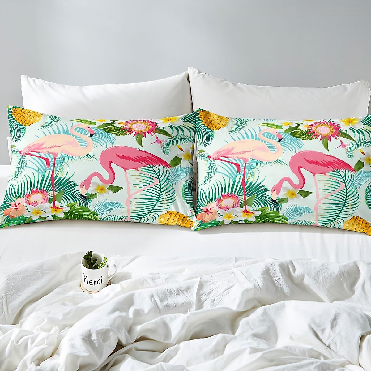 Tropical Flamingo Sheets with Deep Pocket Fitted Sheet Full Size, Pink Flamingo Sheet Set Palm Tree Print Sheets with Deep Pocket Fitted Sheet Botanical Bedding Set with 2 Pillow Case