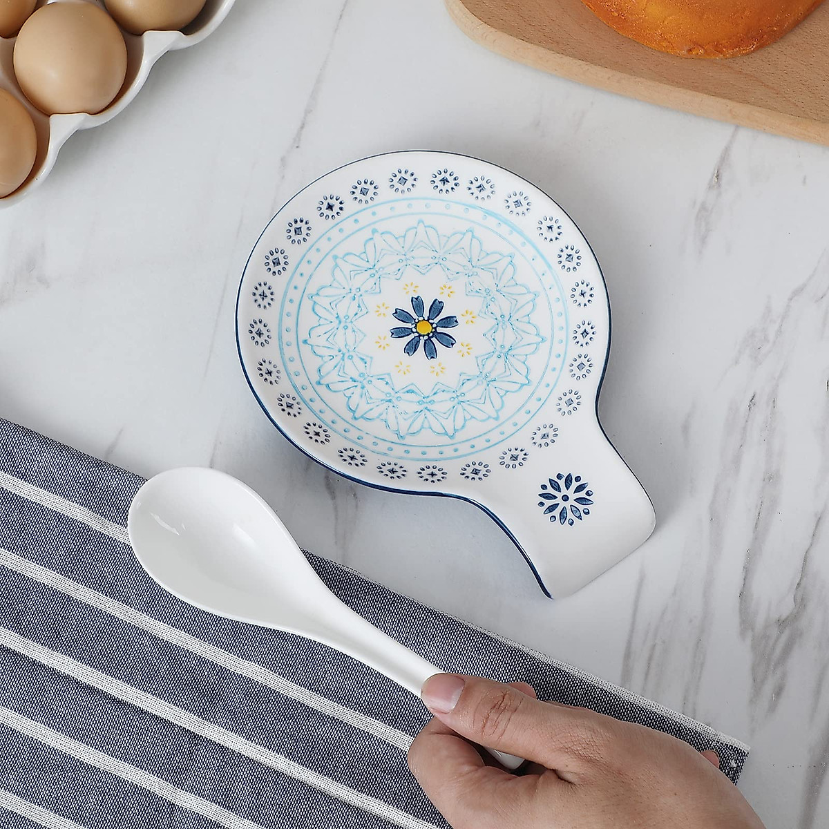 Magclay Hand Painted Spoon Rest, 5.5" Ceramic Spoon Holder for Stove Top and Kitchen Counter, Blue Pattern Utensil Rest, Great Cooking Gifts for Friends, Modern Kitchen Decorative