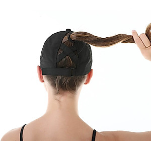 Muryobao 2 Packs Womens Criss Cross Ponytail Baseball Cap Adjustable High Messy Bun Ponycap Quick Drying Mesh Dad Hat for Outdoor Sports Travel Black & Blue