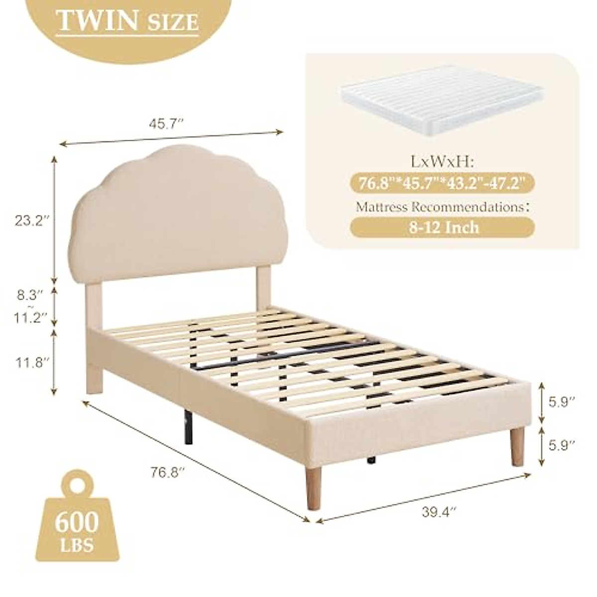 VECELO Twin Size Bed Frame, Upholstered Platform Bedframe with Height Adjustable Plush Fabric Headboard, Strong Wood Slat Supports, No Box Spring Needed, Beige