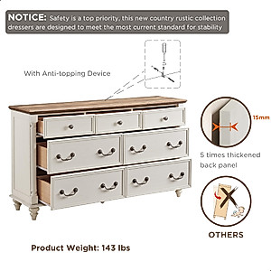 T4TREAM Farmhouse 7 Drawers Dresser Chests for Bedroom w/ 4 Solid Wood Feet & Column Decor, Tall Wide Wood Country Rustic Chest of Drawers, Storage Dressers for Bedroom, Living Room, Antique White
