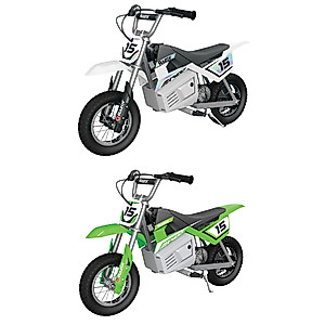 Razor MX400 Dirt Rocket 24V Ride On High-Torque Electric Motocross Motorcycle Toy Dirt Bikes, Speeds up to 14 MPH, for Ages 13+, 1 White & 1 Green