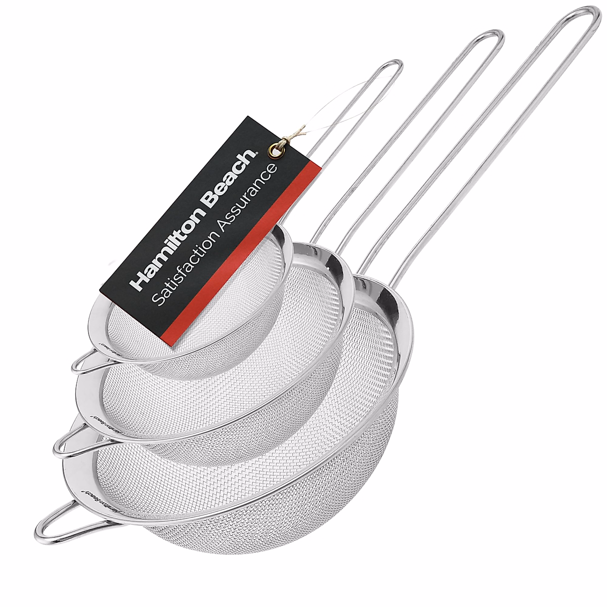 Hamilton Beach Fine Mesh Strainer - Stainless Steel Fine Mesh Sieve - Set of 3 Strainers for Baking, Pasta, Rice, Flour & Vegetable, Tea Sifter, Food Strainer with Long Handle - Perfect Kitchen Tool