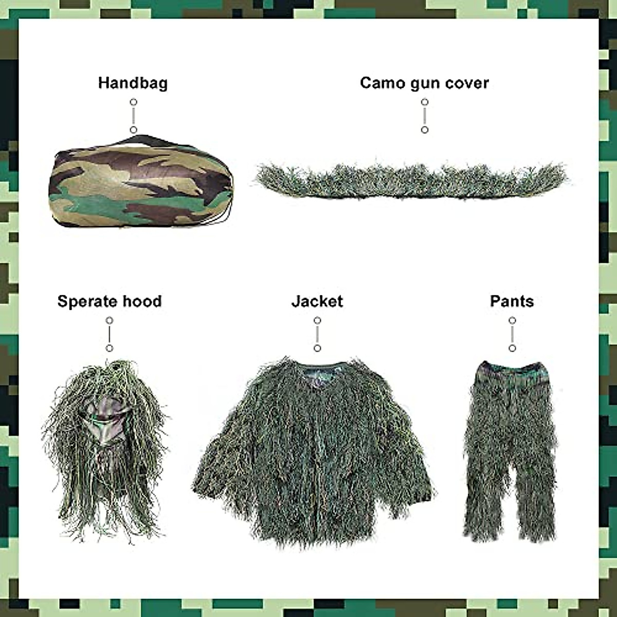 ANZOME 5in1 Kids Ghillie Suit, 3D Kid Camo Hunting Clothes Youth Gilly Suits with Carry Bag+Hood+Gillie Sniper Suit for Shooting Game, Halloween Costume Outfit for 4.5-5ft