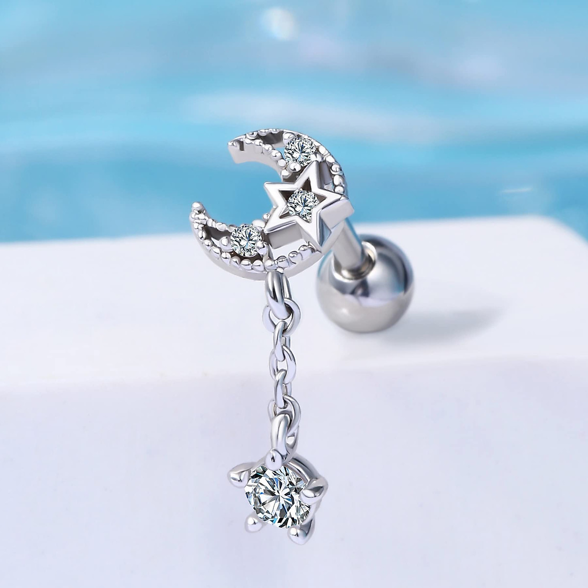 OUFER 16G Stainless Steel Cartilage Earring Moon with CZ Dangle Tragus Earrings Cartilage Earring Stud