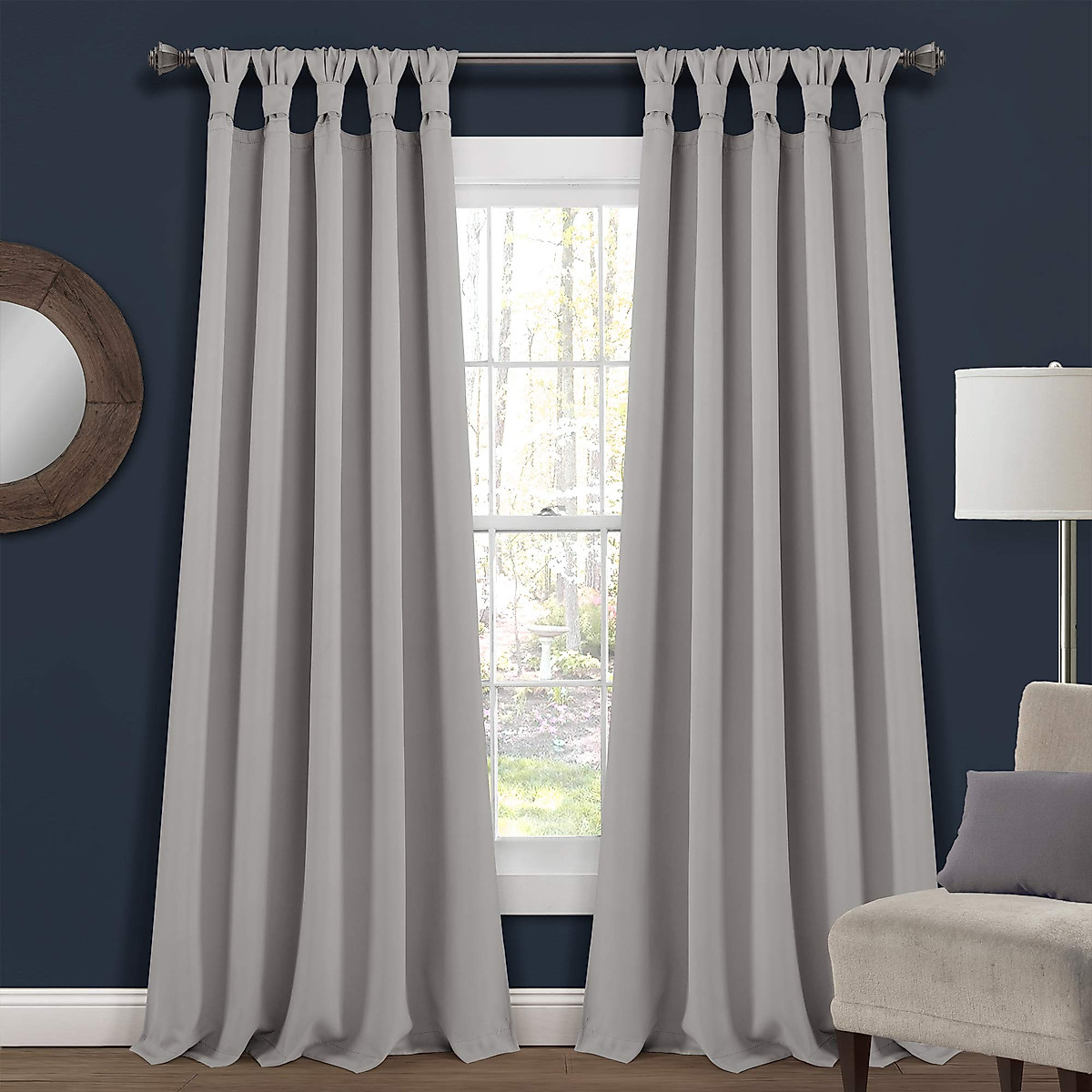 Lush Decor, Light Gray Insulated Knotted Tab Top Blackout Window Curtain Panel Pair, 95" x 52", 95 in x 52