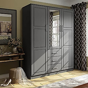 Palace Imports Cosmo Solid Wood 3-Door Wardrobe/Armoire/Closet with Mirror and 3 Drawers, Java. Additional Shelves Sold Separately.