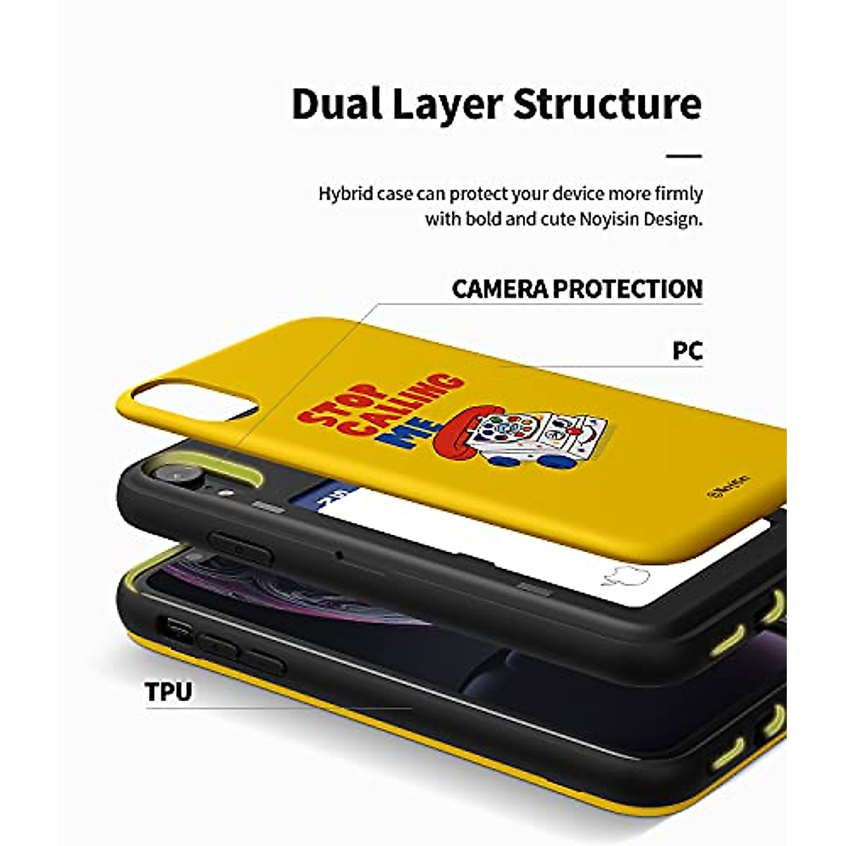 GOOSPERY for iPhone XR Wallet Case with Card Holder, Protective Dual Layer Bumper Phone Case (Noyisin Character Design-Stop Calling Me) - Yellow