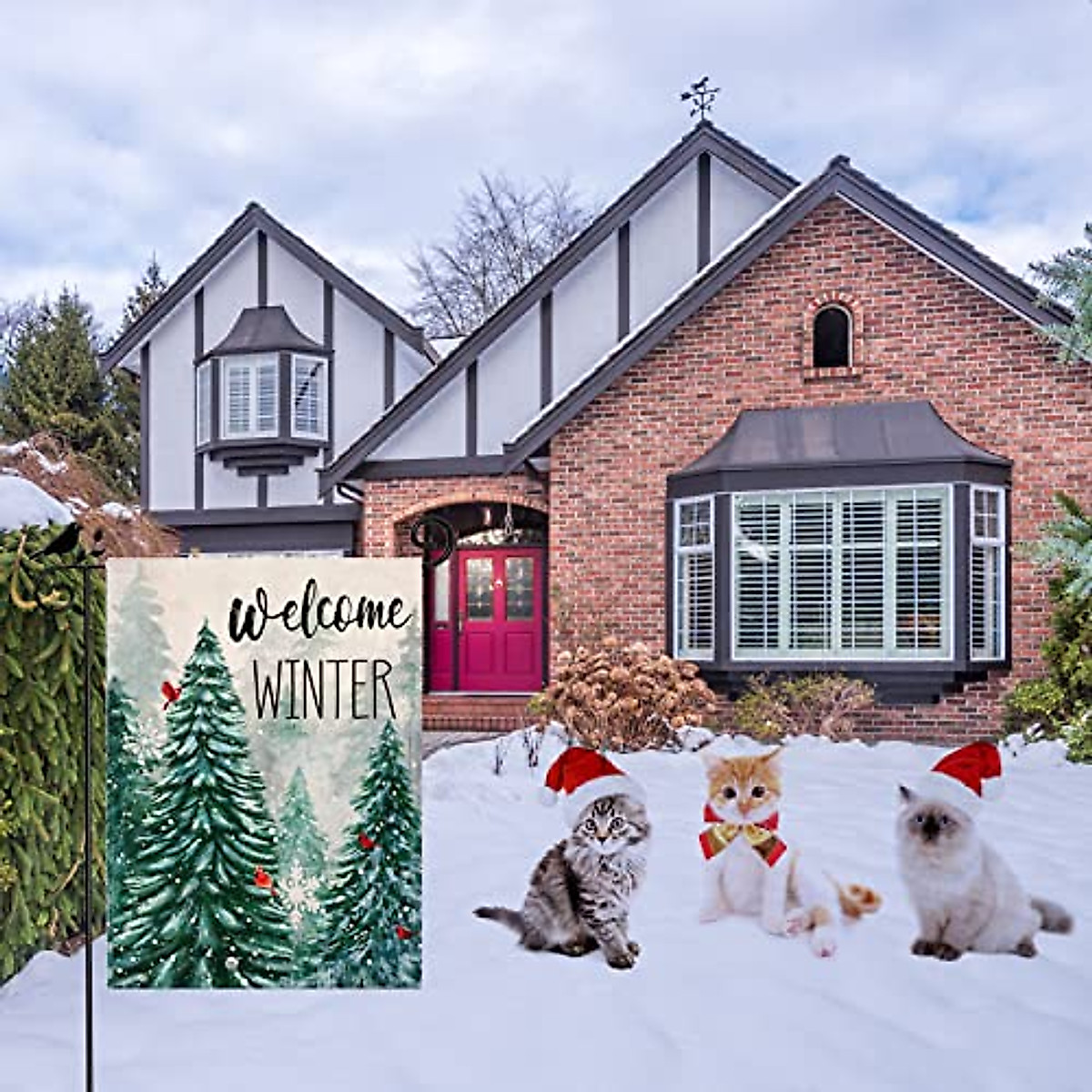 Welcome Winter Pines Tree Garden Flag Double Sided Cardinal Red Bird Christmas Garden Flag for Outside Xmas Farmhouse Seasonal Outdoor Flag