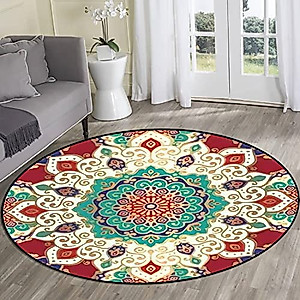 Round Rug Turquoise red Seamless Mandala Ornament Traditional Indian Motifs Circle Area Rug 6ft Non-Slip Carpet Indoor Outdoor for Living Room Bedroom Nursery Kitchen Washable Throw Rug Floor Mat