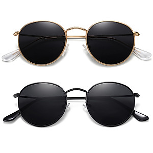 MEETSUN Small Round Polarized Sunglasses for Women Men Classic Retro Metal Frame Sun Glasses UV400 Gold Grey All Black
