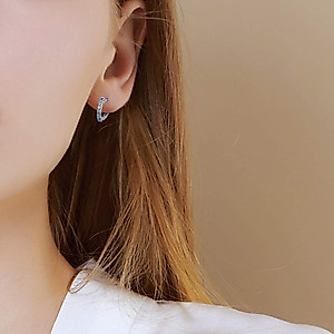 Carleen 14k Solid White Gold Round Cut Light Blue Natural Aquamarine Earrings Small/Tiny/Little Hinged Huggie Hoop Earrings Dainty Delicate Fine Jewelry Birthday Gifts for Women Size 15mm