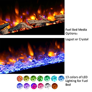 PuraFlame Alice 50 Inches Recessed Electric Fireplace, Flush Mounted for 2 X 6 Stud, Log Set & Crystal, 1500W Heater, Remote Control, Black