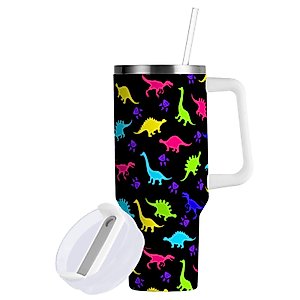 Emelivor Colorful Dinosaurs 40 oz Tumbler with Lid and Straw Insulated Tumblers with Handle Travel Coffee Mug Cup Large Water Bottles Cup for Men Women Sports Gym