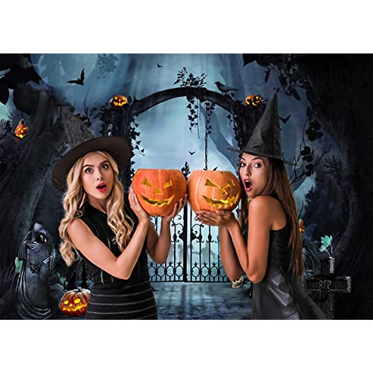 LYCGS 7X5FT Halloween Backdrop Horror Forest Night Halloween Backdrop for Photography Scary Pumpkin Lantern Tombstone Skull Photography Background Costume Ball Halloween Carnival Background X-58