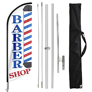 Barber Flag, Barbershop Flags with Pole Kit, Barbershop Flag with Pole Set for Businesses, Advertising Swooper Feather Flag Banner Sign for Barber Shop Business 11FT