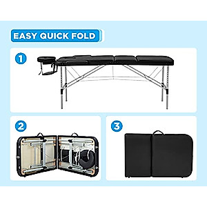 Massage Table Portable Massage Bed 3 Folding 73 Inch Height Adjustable Aluminium Salon Bed Carry Case Tattoo Table Facial Bed Hold Up to 450LBS (Black)